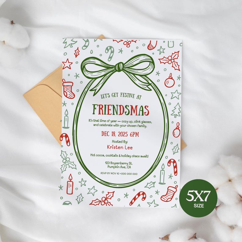 Friendsmas Christmas Party Invitation Canva Template, Handdrawn Festive ...