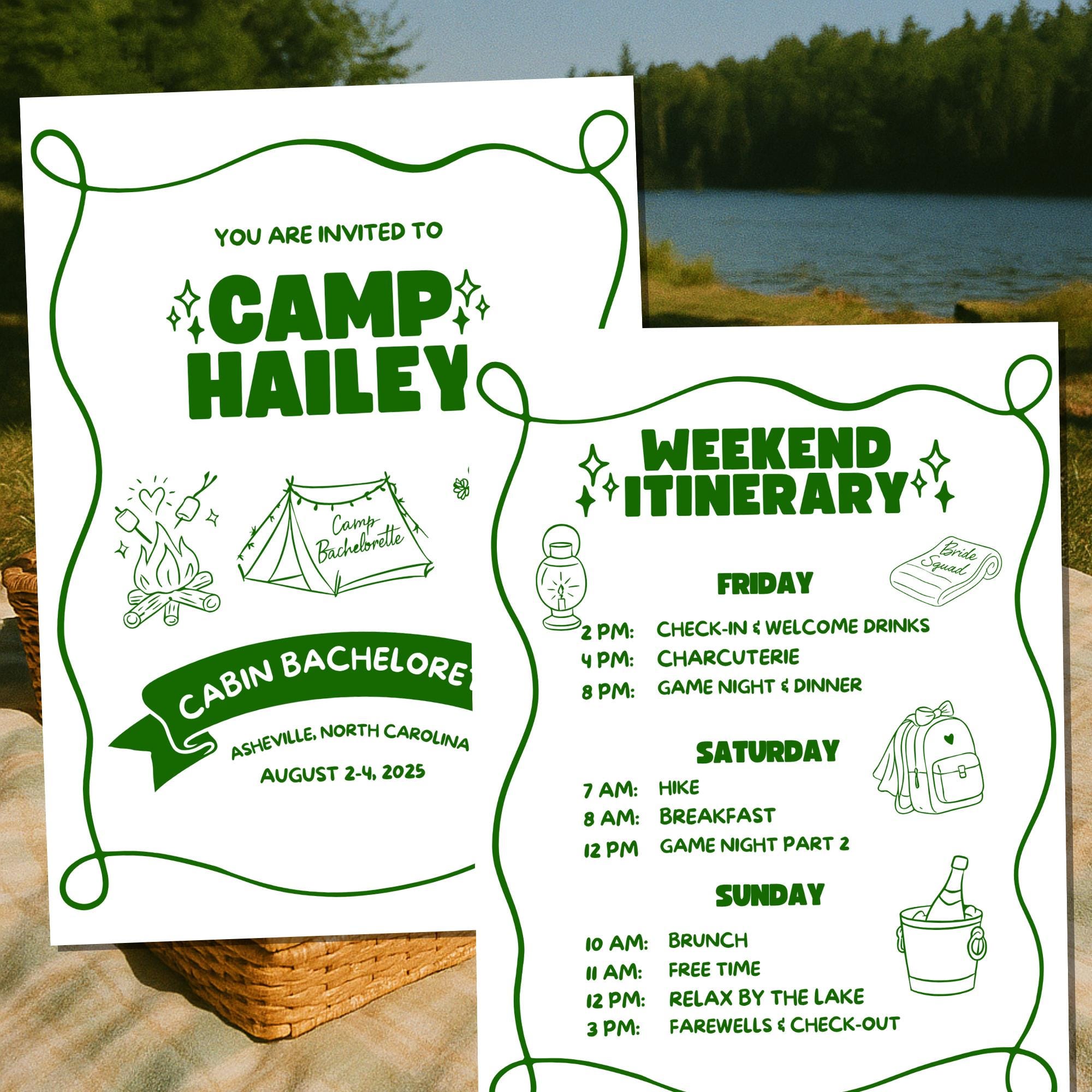 Camping Bachelorette Invitation Canva Editable Cabin Bach Itinerary ...