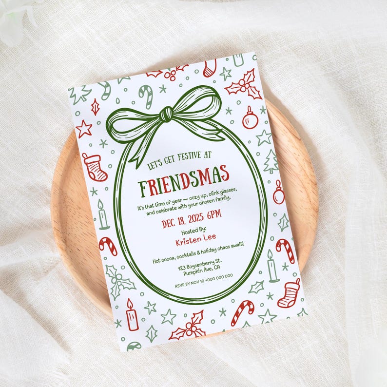 Friendsmas Christmas Party Invitation Canva Template, Handdrawn Festive ...