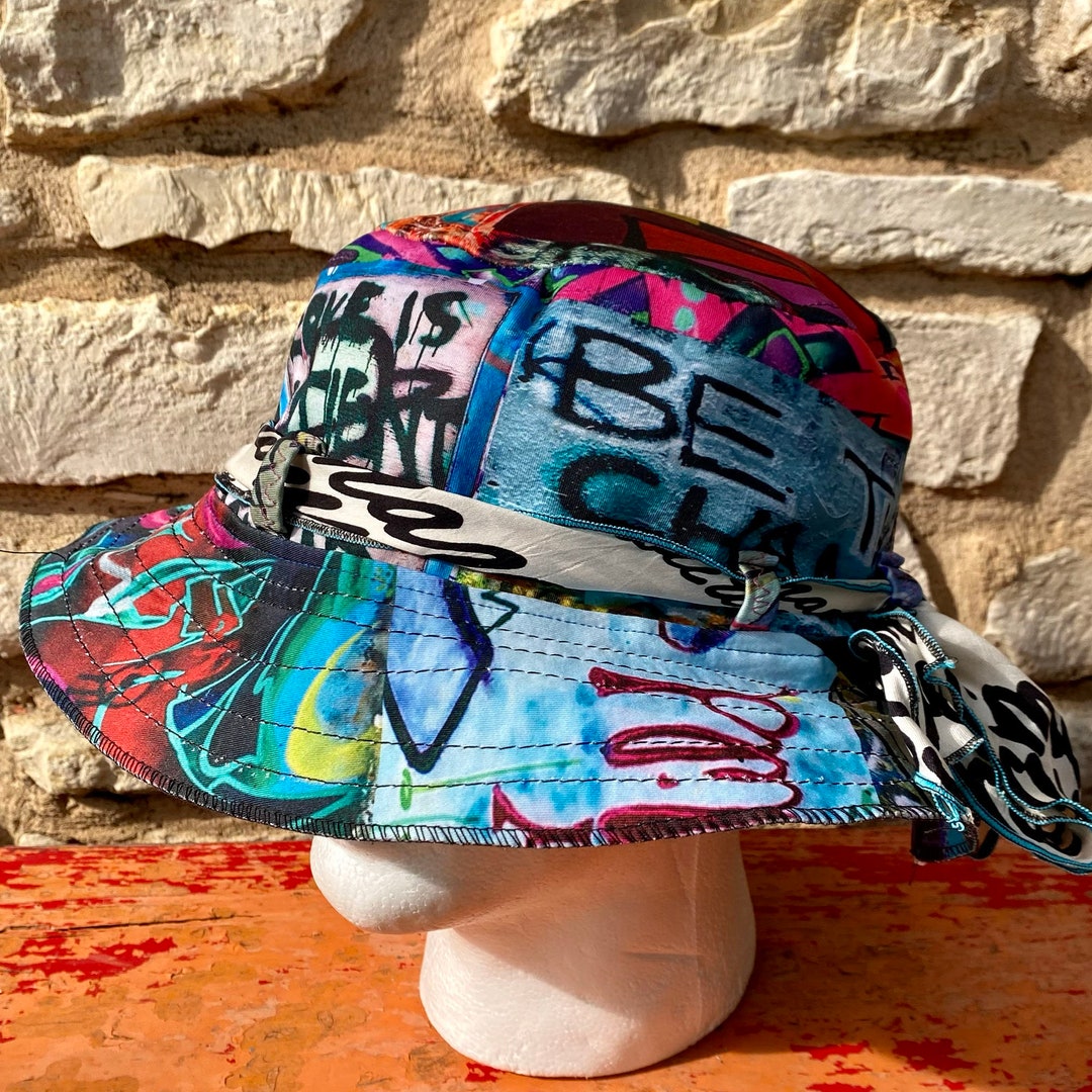Colorful Reversible Bucket Hat Designer Bucket Hat Handmade Vintage Denim And Cotton Graffiti