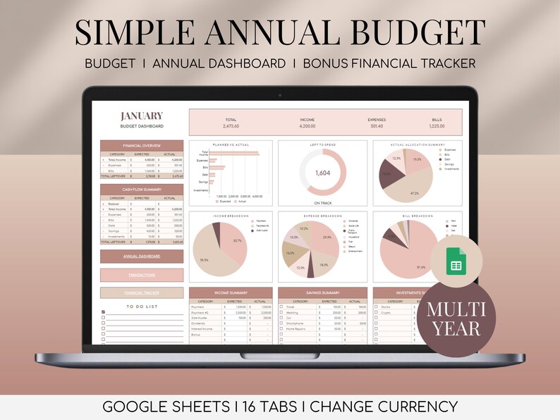 Simple Annual Google Sheets Budgeting Spreadsheet Yearly Budget ...
