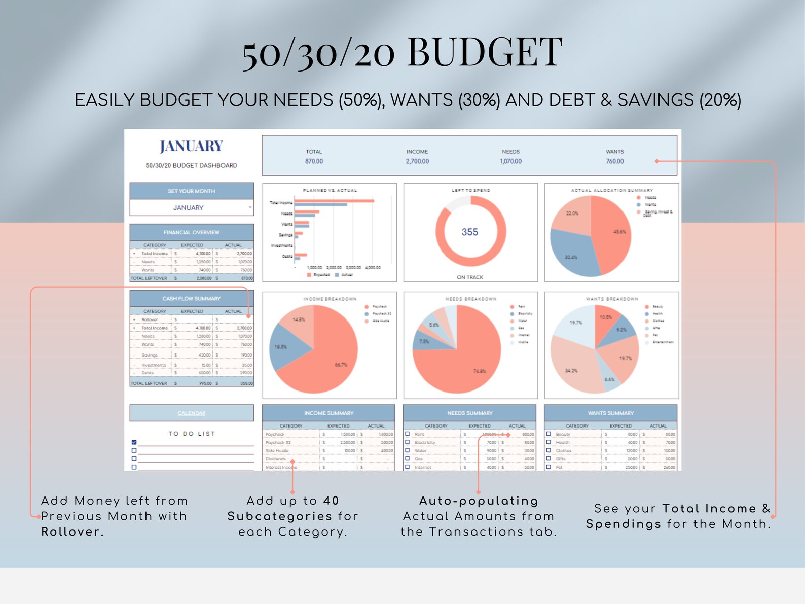 50/30/20 Monthly Budget Google Sheets Budgeting Spreadsheet Financial ...