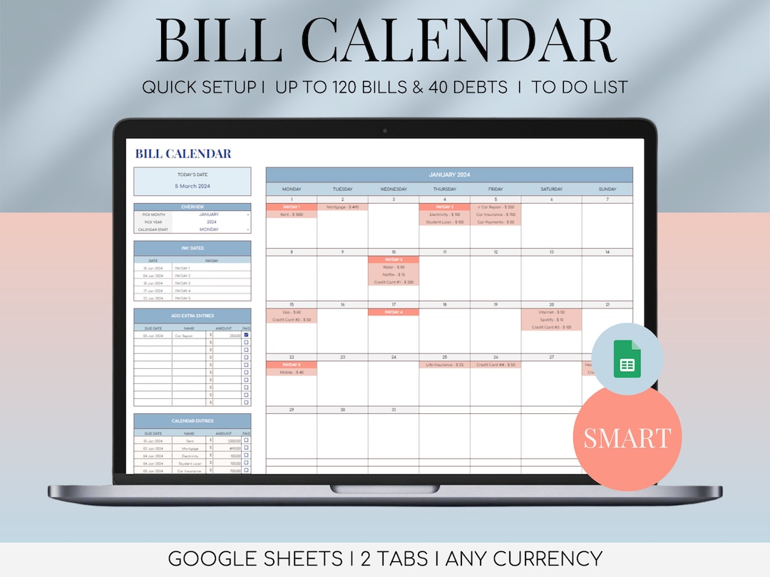 Bill Calendar Google Sheets Bill Checklist Planner Spreadsheet ...