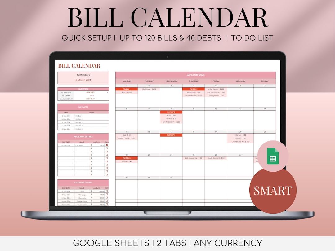 Bill Calendar Google Sheets Bill Checklist Planner Spreadsheet ...
