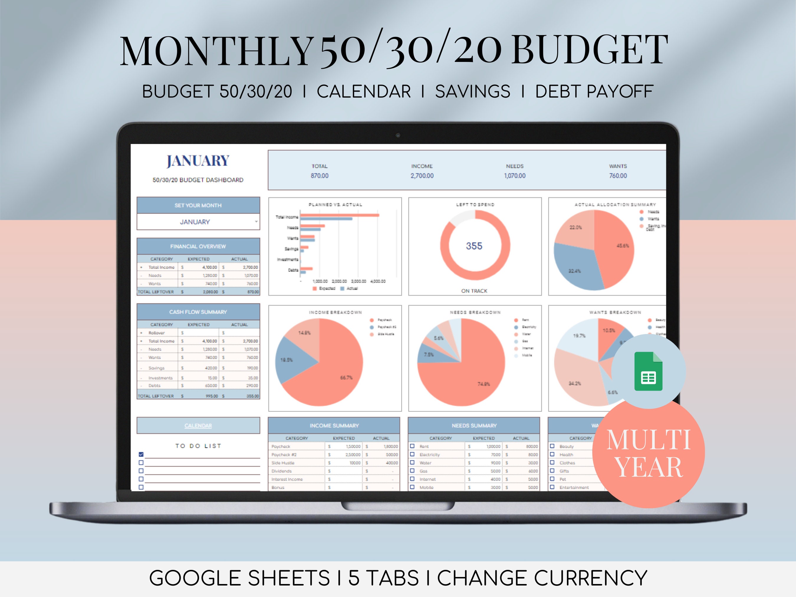 50/30/20 Monthly Budget Google Sheets Budgeting Spreadsheet Financial ...