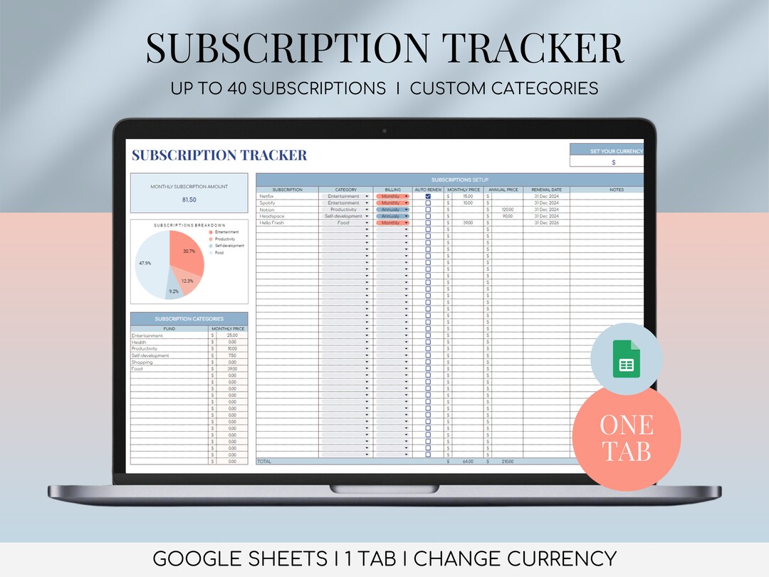 Subscrition Tracker Google Sheets Budgeting Spreadsheet Monthly Annual ...