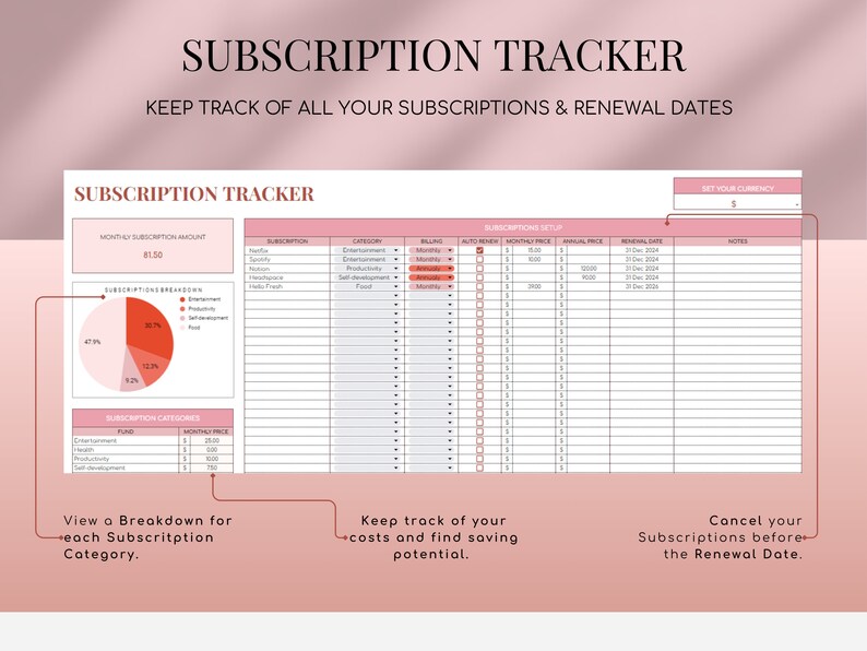 Subscrition Tracker Google Sheets Budgeting Spreadsheet Monthly Annual ...
