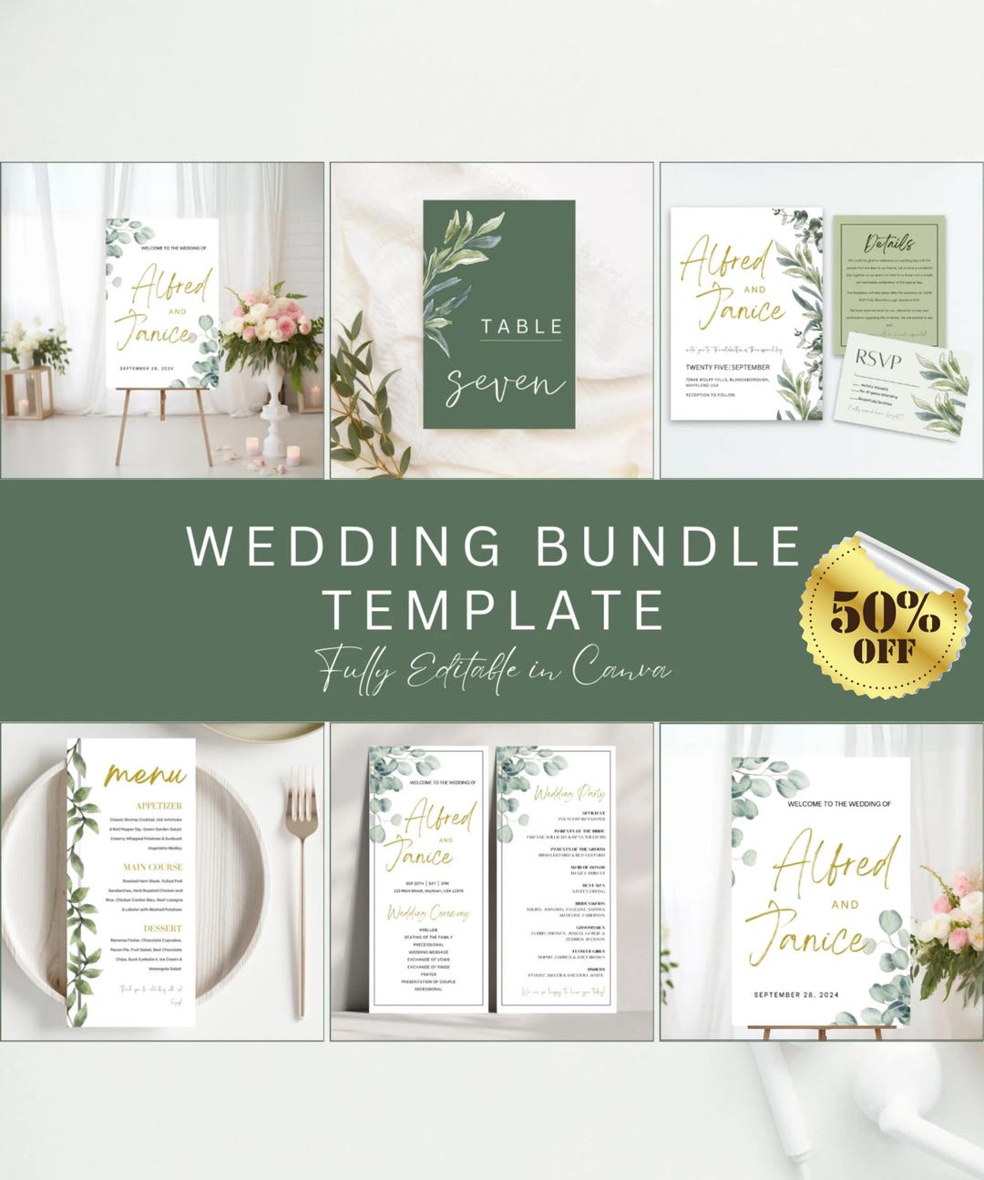 Emerald Green Wedding Template, Wedding Template Bundle, Sage Green ...
