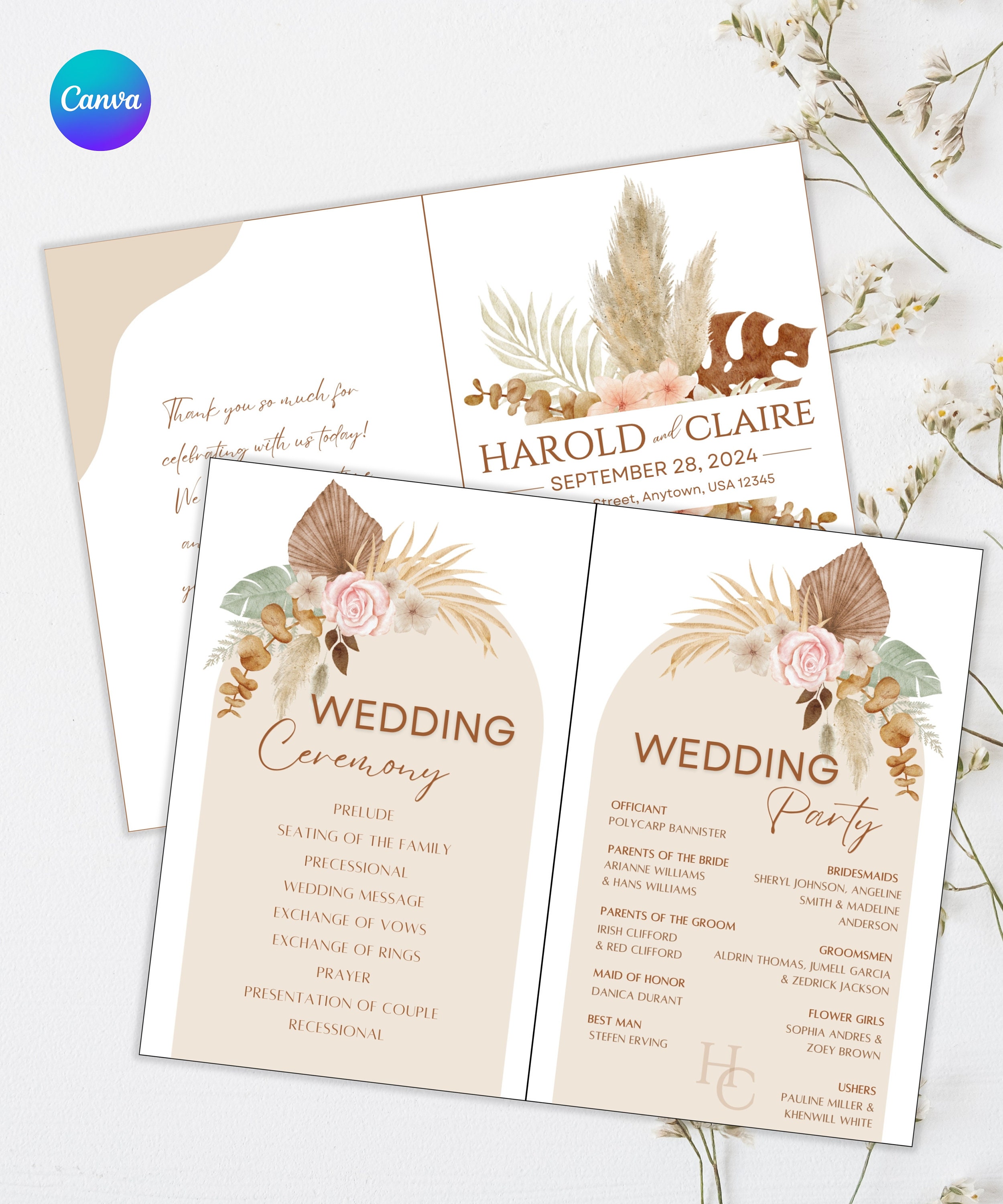 Folded Wedding Program, Wedding Program Template, Wedding Templates ...