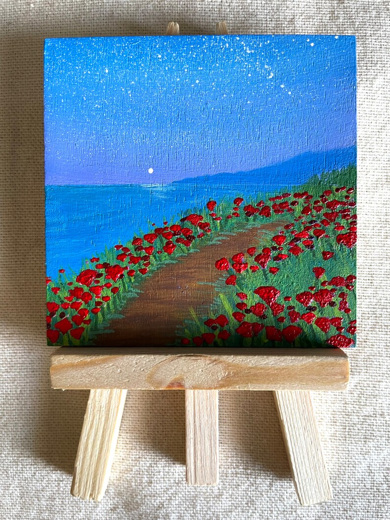 Mountain Lake Mini Wood Canvas | 3x3" Hand Painted Floral Roses Hike ...