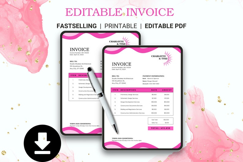 Editable Invoice Template | Customizable Printable Design for ...