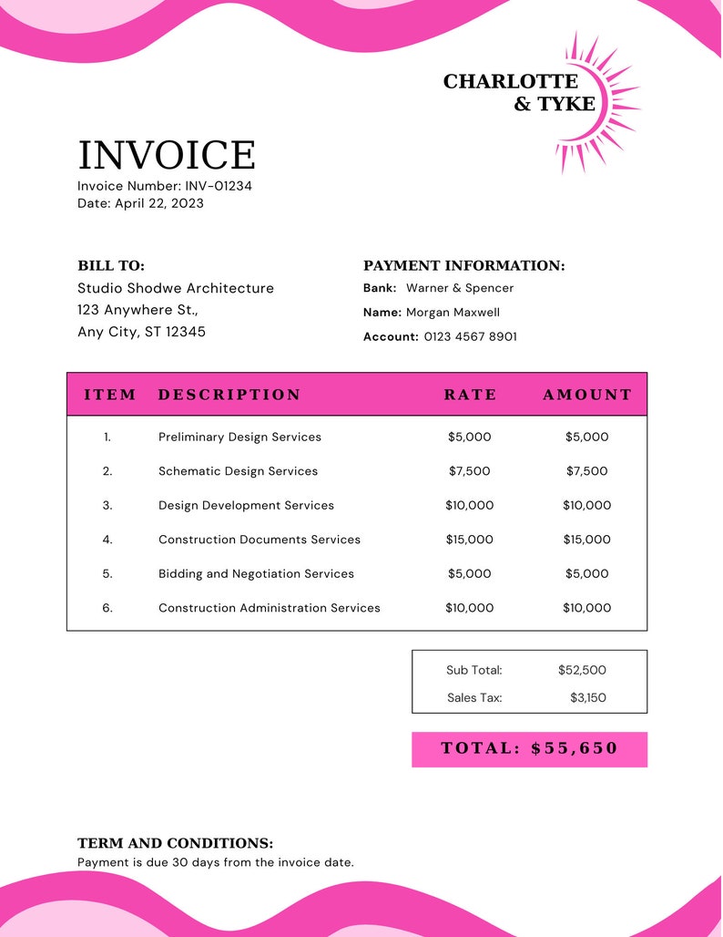 Editable Invoice Template | Customizable Printable Design for ...