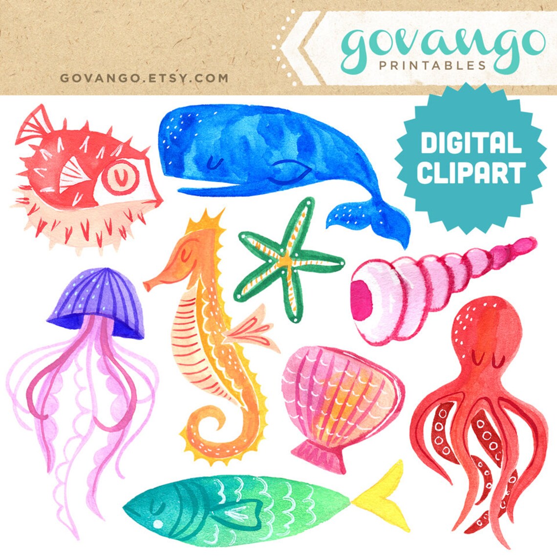 MARINE LIFE Digital Clipart Instant Download Illustration Watercolor ...