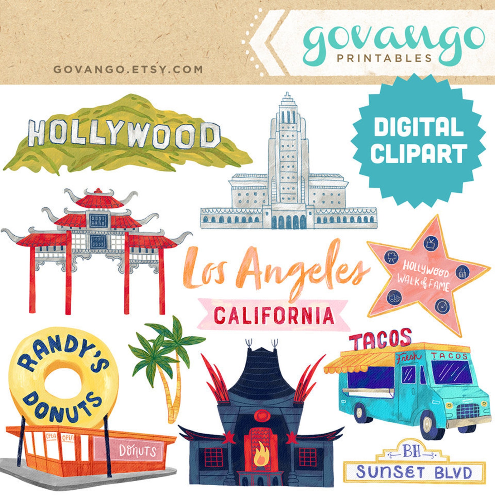LOS ANGELES Digital Clipart Instant Download Illustration - Etsy UK