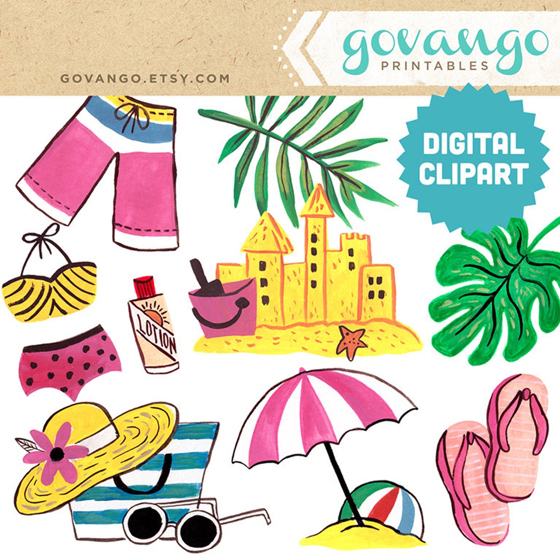 BEACH Digital Clipart Instant Download Illustration Artwork - Etsy