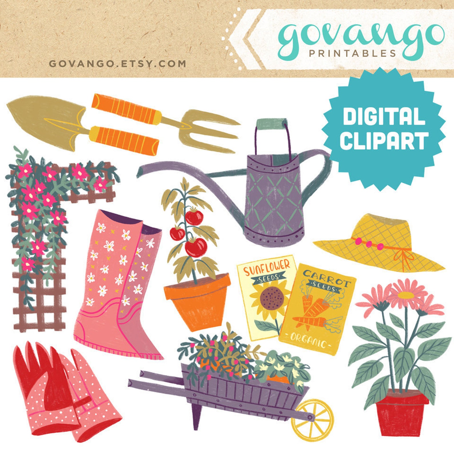GARDENING Digital Clipart Instant Download Illustration Ink - Etsy