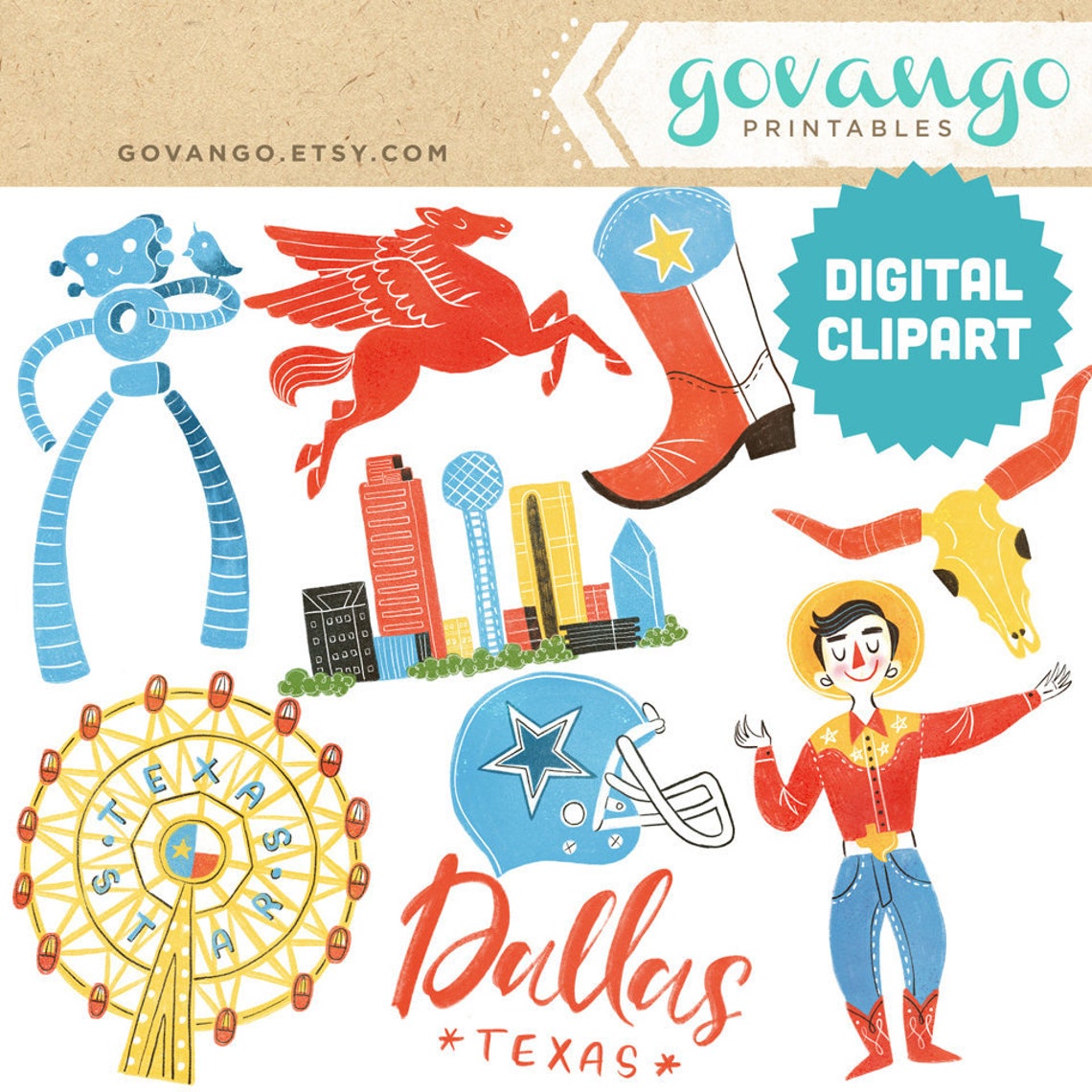 DALLAS Digital Clipart Instant Download Illustration Travel City ...