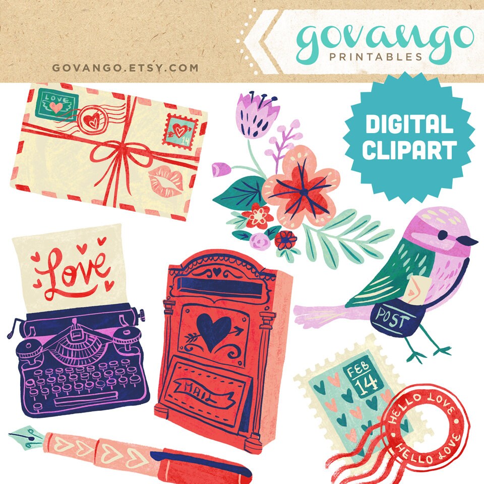 VALENTINE LETTERS Digital Clipart Instant Download Illustration Folk ...