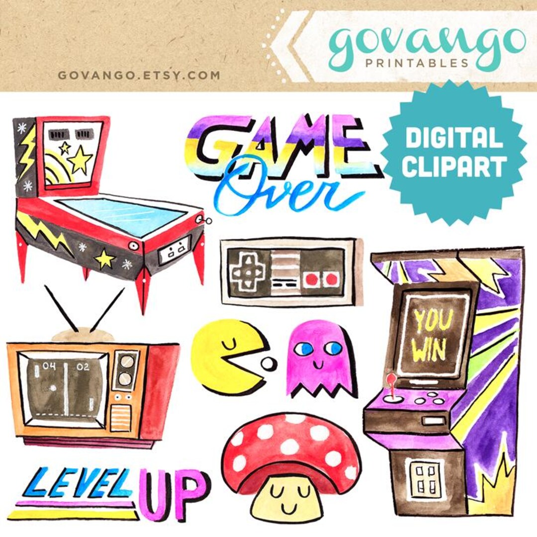 RETRO GAMER Clipart Set – 90s 80s Arcade & Gaming Icons | Watercolor ...