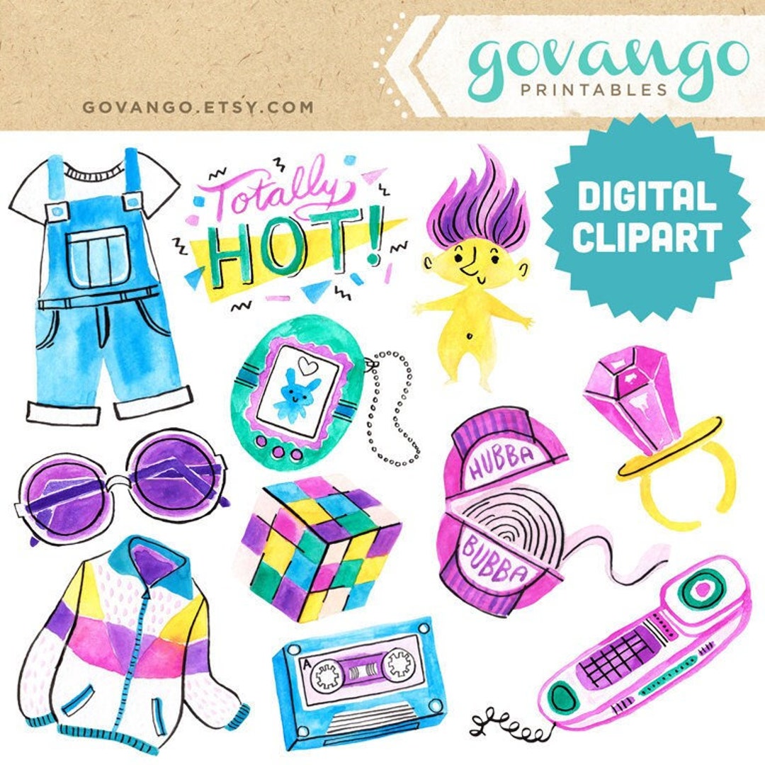 90s Digital Clipart Instant Download Illustration Watercolor Retro ...