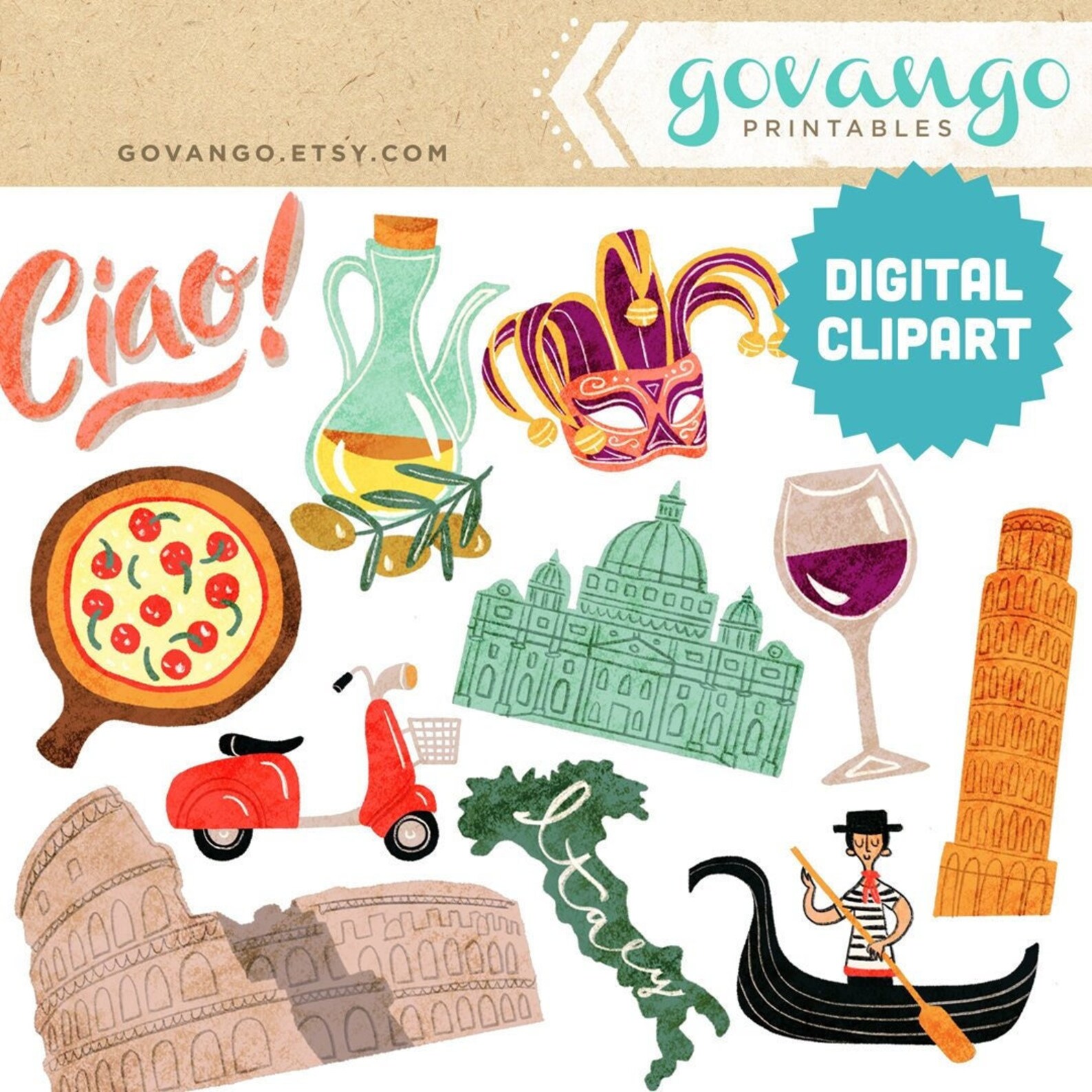 ITALY Digital Clipart Instant Download Illustration Watercolor Italian ...