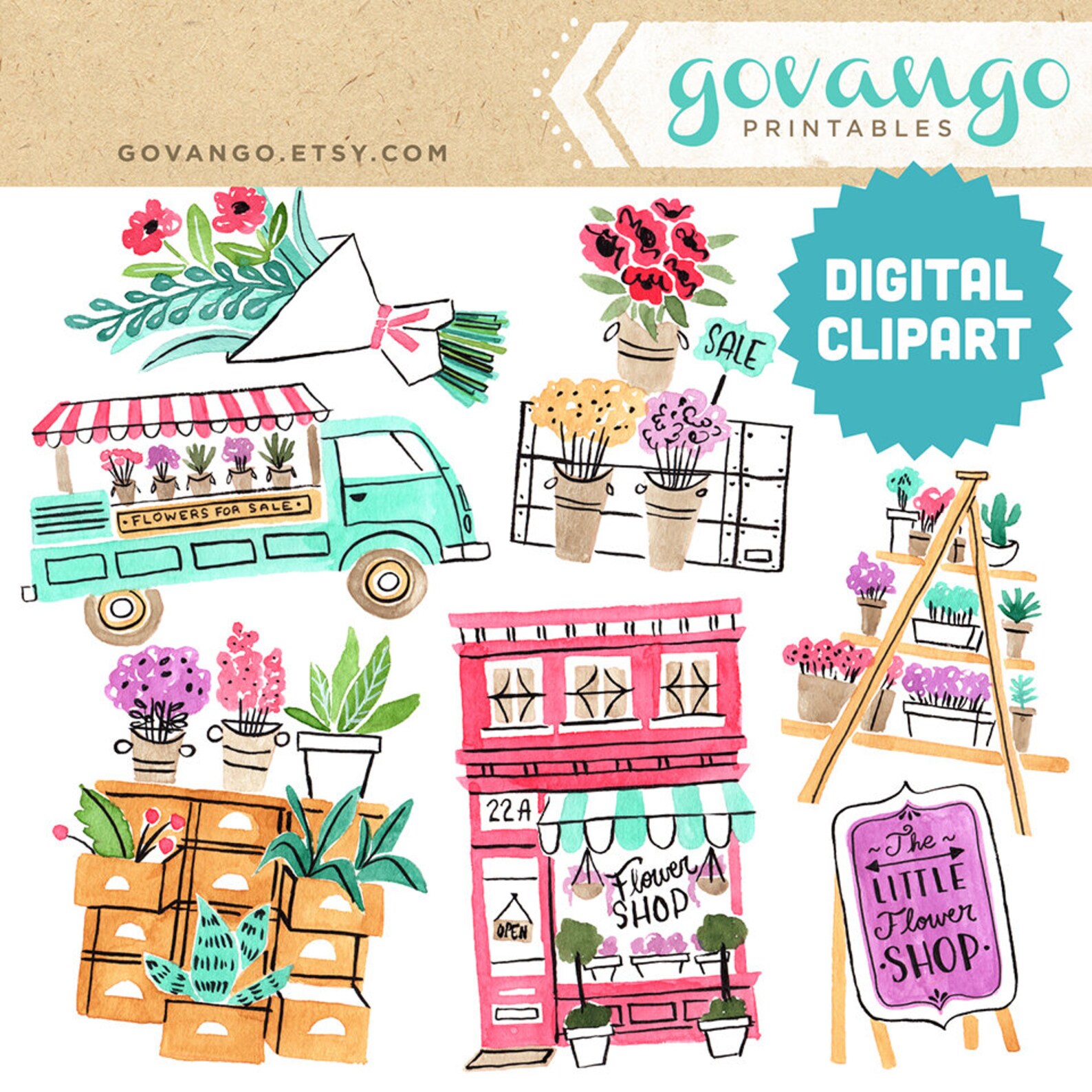 FLOWER SHOP Digital Clipart Instant Download Illustration | Etsy