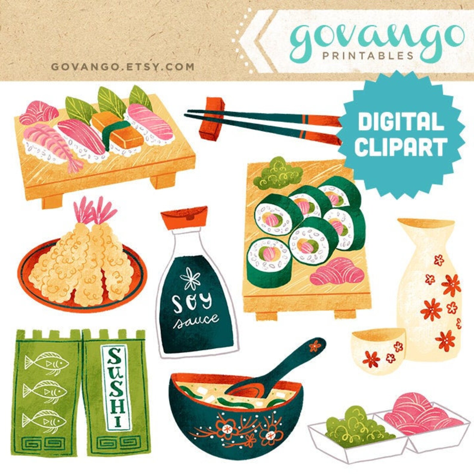 SUSHI NIGHT Digital Clipart Instant Download Illustration Clip | Etsy