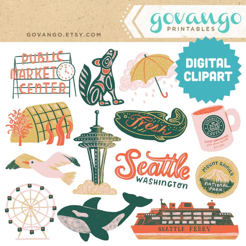 SEATTLE WASHINGTON Clipart Bundle – City Art Illustrations, Ferry ...