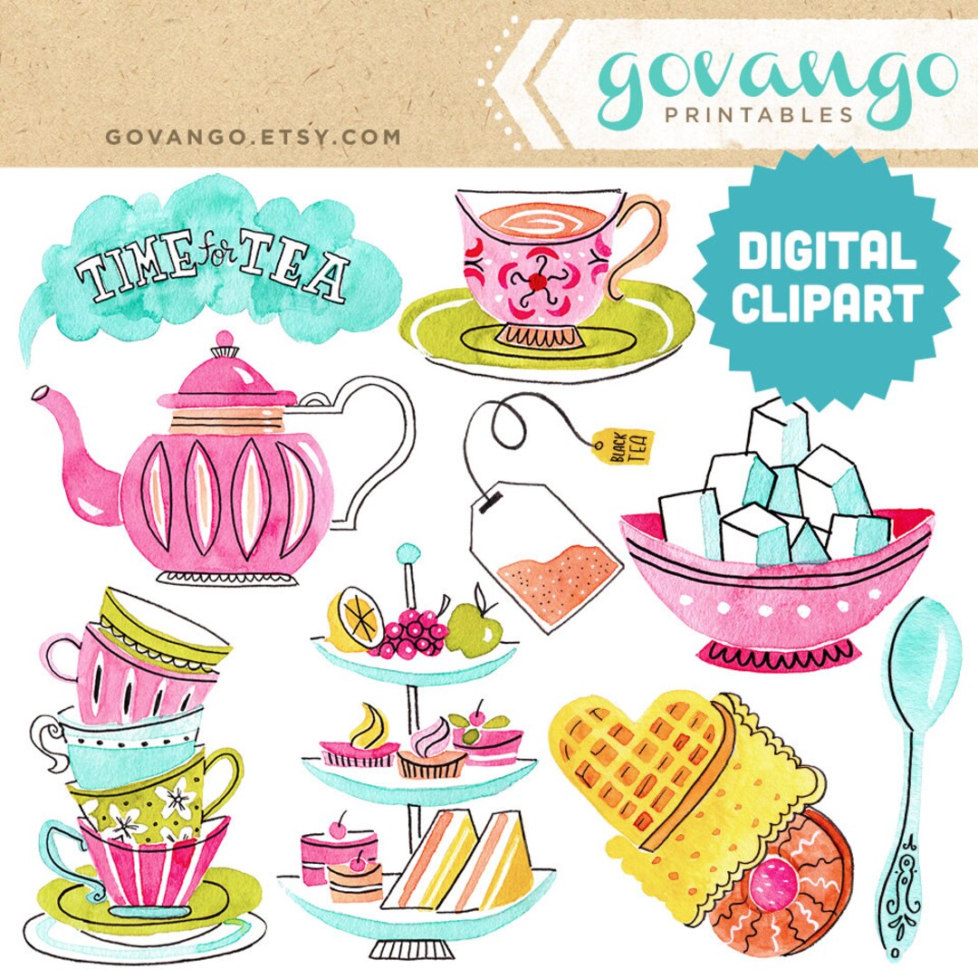 TEA TIME Digital Clipart Instant Download Illustration Watercolor Clip ...