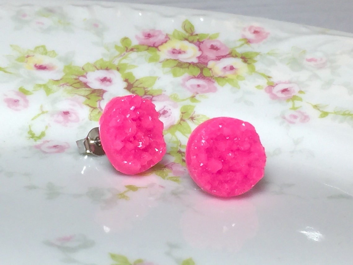 Bright Pink Druzy Studs Pink Studs Bright Pink Stud | Etsy