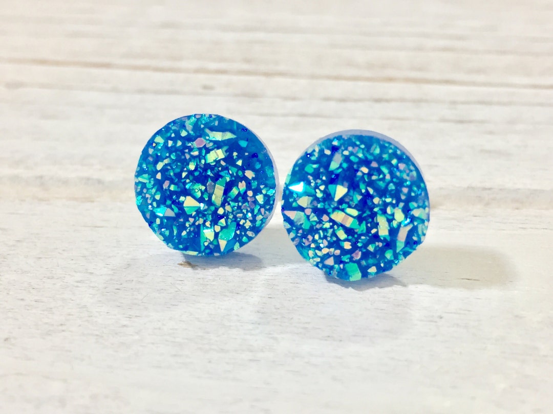 Blue Druzy Studs Sparkling Blue Studs Blue Stud Earrings - Etsy