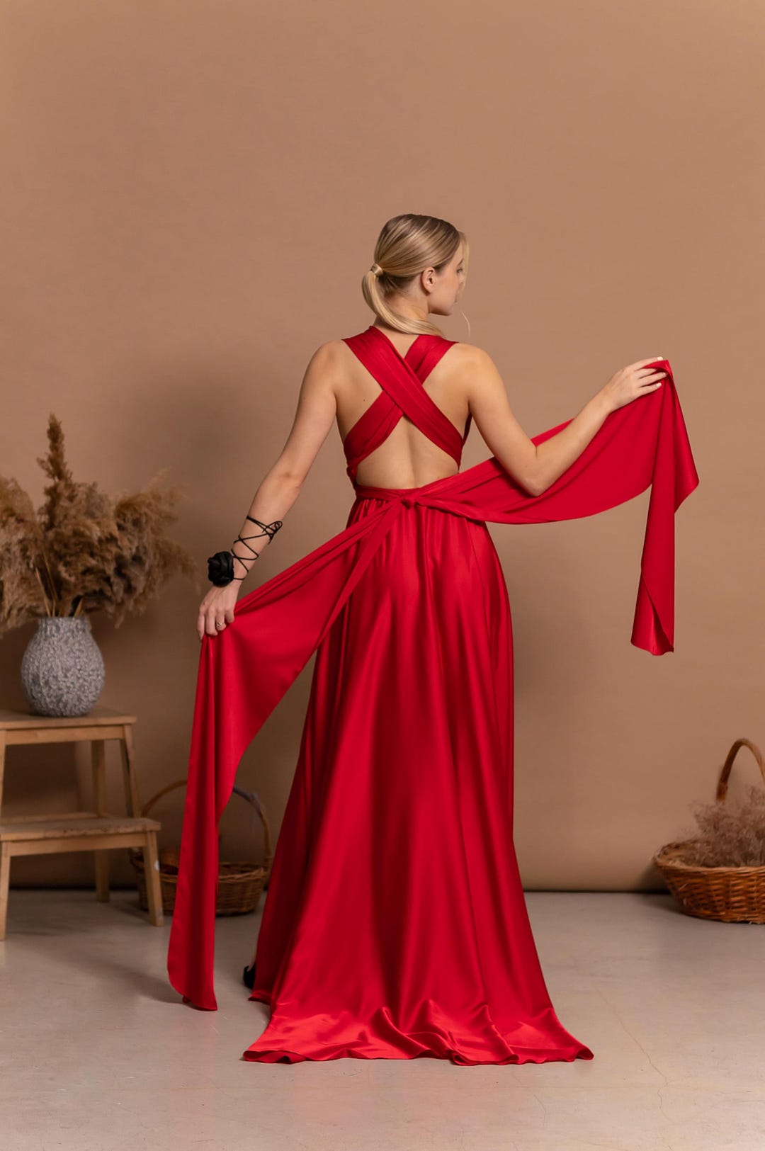 Flowy Red Dance Dress Low Back Evening Gown Sleeveless Satin Flowy ...