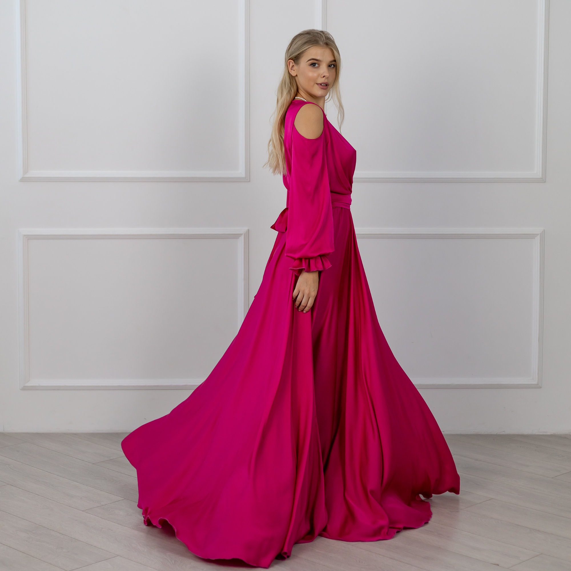 Magenta Satin Long Dress Sizing Customize Details Perfect for Formal ...