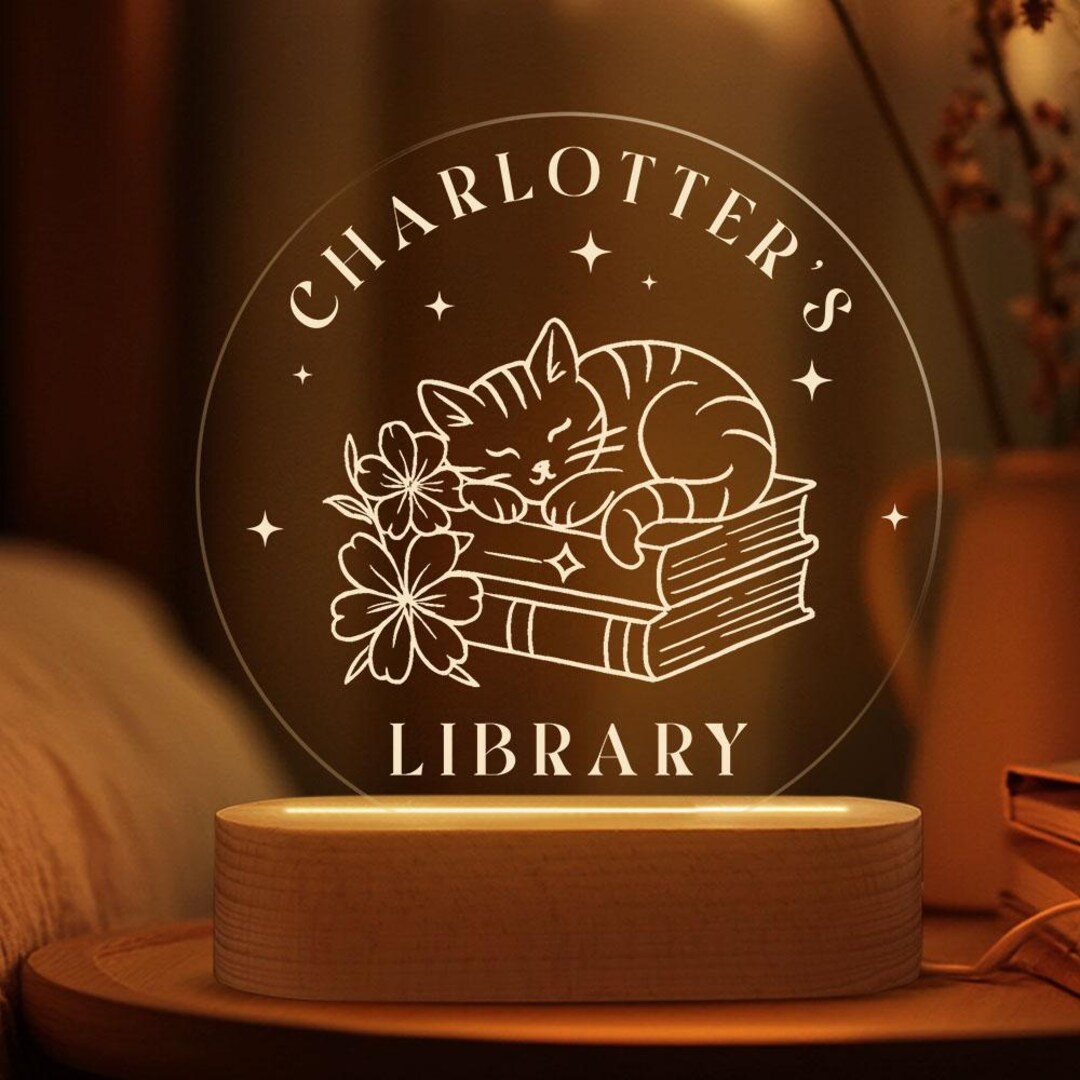 Personalized Cat Book Night Light – Custom Library Name LED Lamp – Cute ...