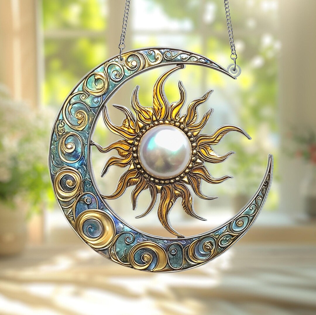 Crescent Moon and Sun 2D Flat Decorative Acrylic Window Hanging, Sun ...