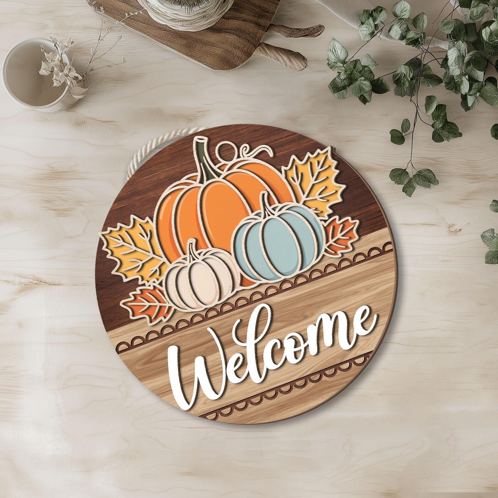 Welcome Fall Pumpkin Round Door Hanger, Autumn Front Door Decor, Rustic ...