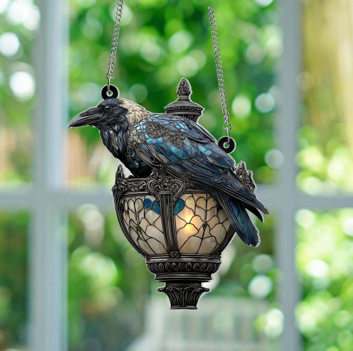 Raven Gothic on Lantern Acrylic Suncatcher – Faux Stained Glass ...