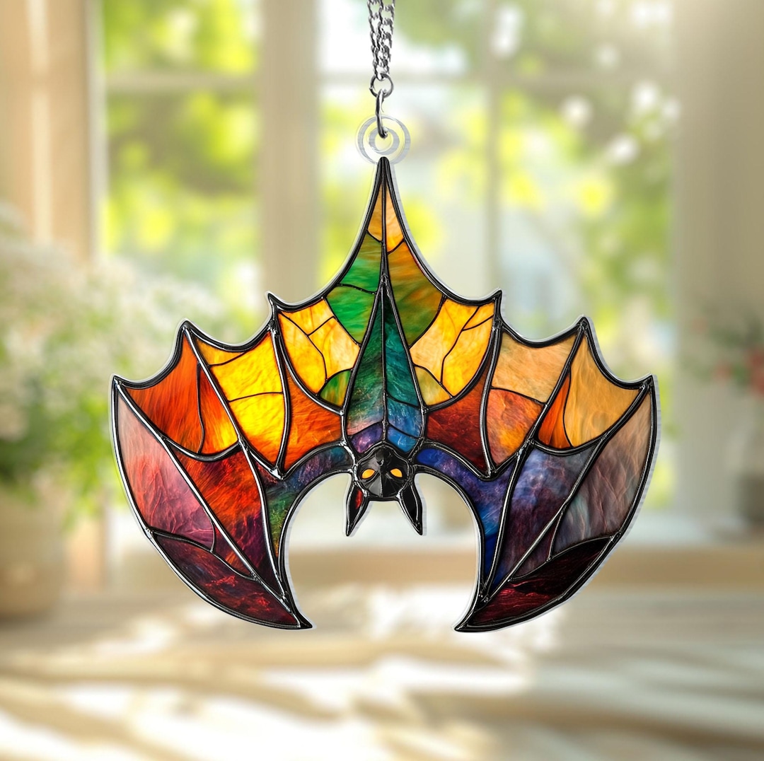 Upside Down Bat Colorful Window Hanging, Acrylic Bat Halloween Tree ...