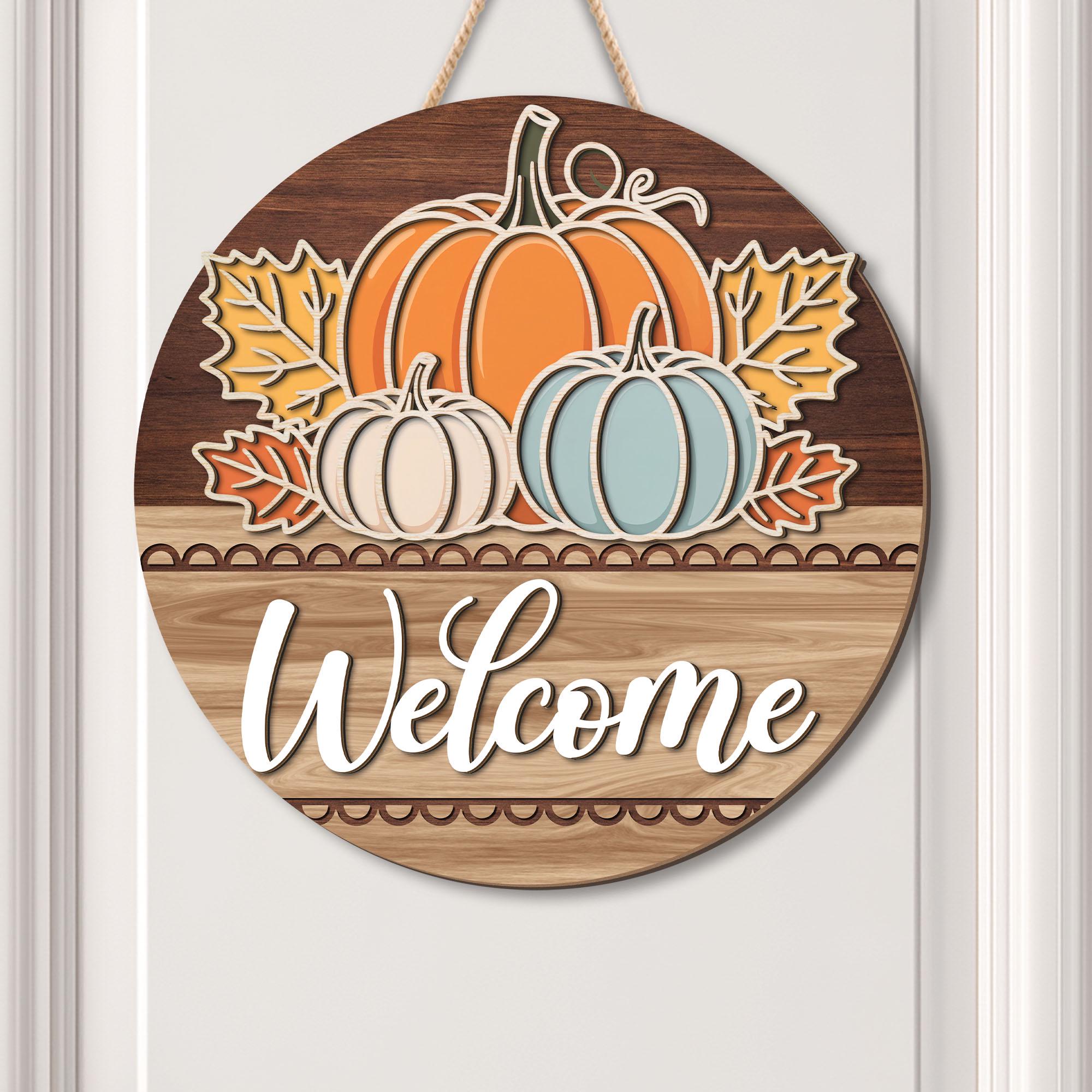 Welcome Fall Pumpkin Round Door Hanger, Autumn Front Door Decor, Rustic ...