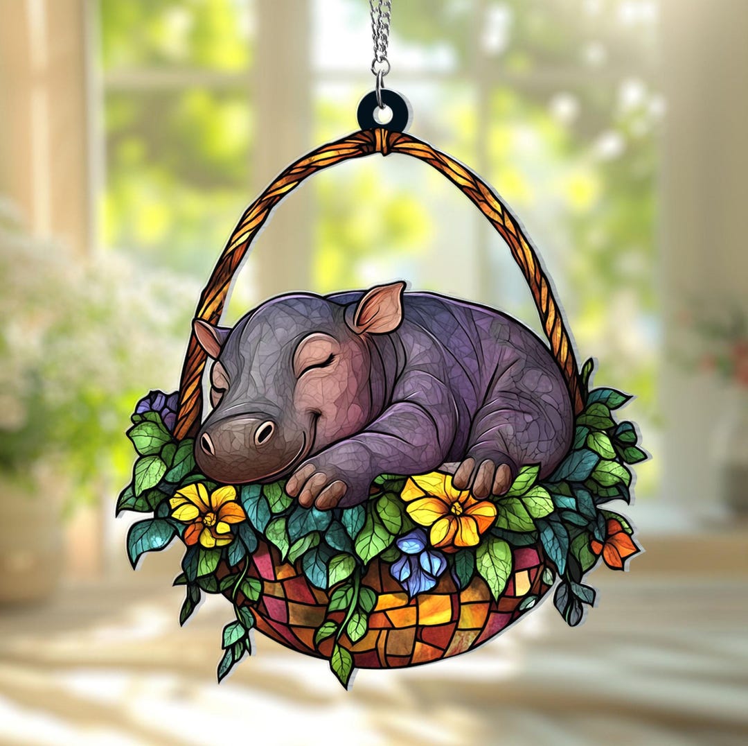 Moo Deng in Monstera Plant Pot Window Hanging Decor, Baby Hippo ...