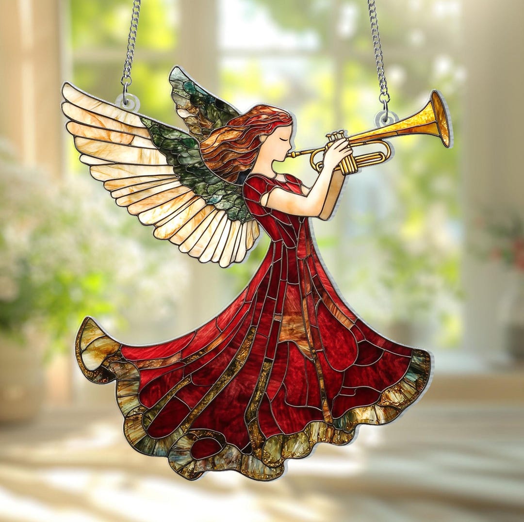 Christmas Angel Window Hanging Ornament, Whimsical Angel With Trumpet ...