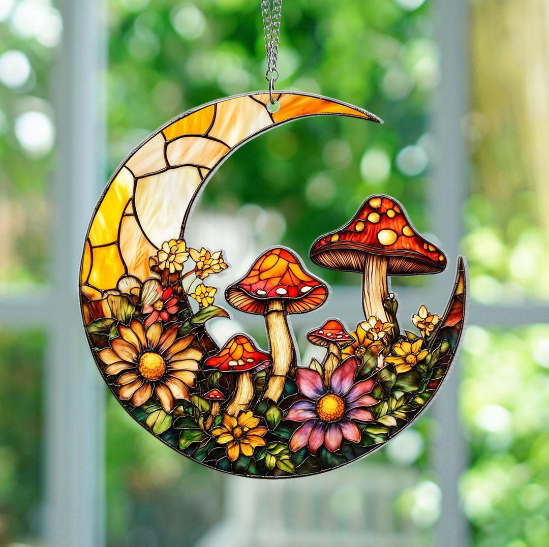 Mushrooms Window Hanging, Stained Acrylic Mushroom Window Hanger, Plant ...