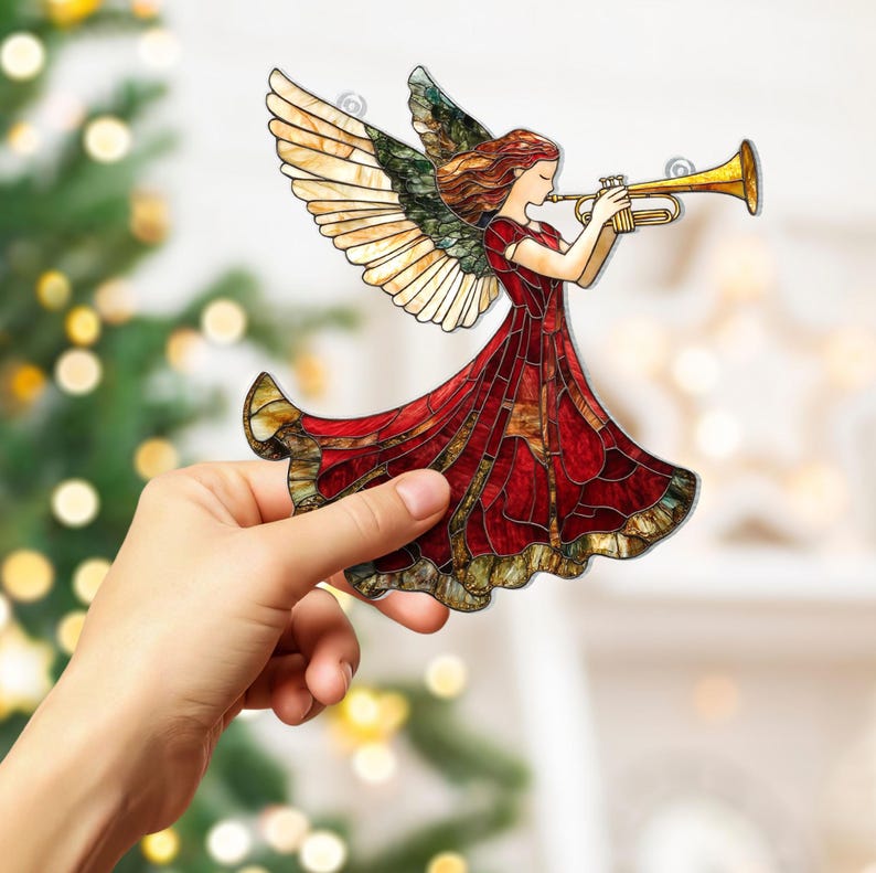 Christmas Angel Window Hanging Ornament, Whimsical Angel With Trumpet ...