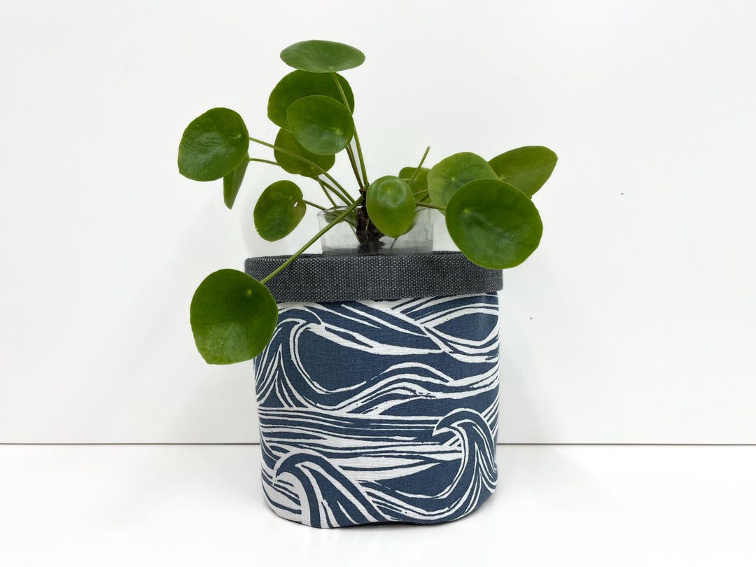 Fabric Plant Pot Wave Design Nautical Style Fabric Planter Denim Blue ...