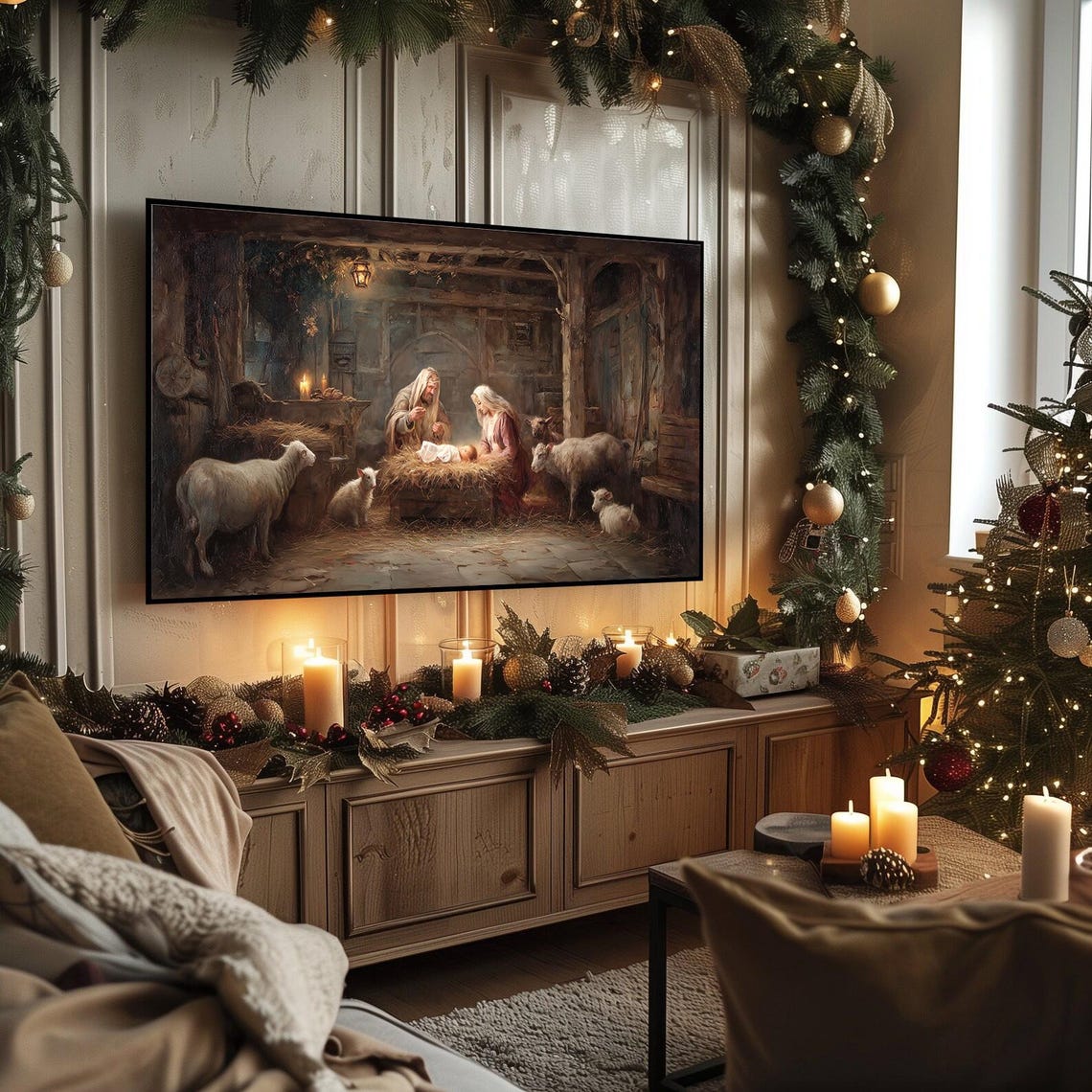 Vintage Nativity Scene Frame TV Art | Moody Christmas Impressionist ...
