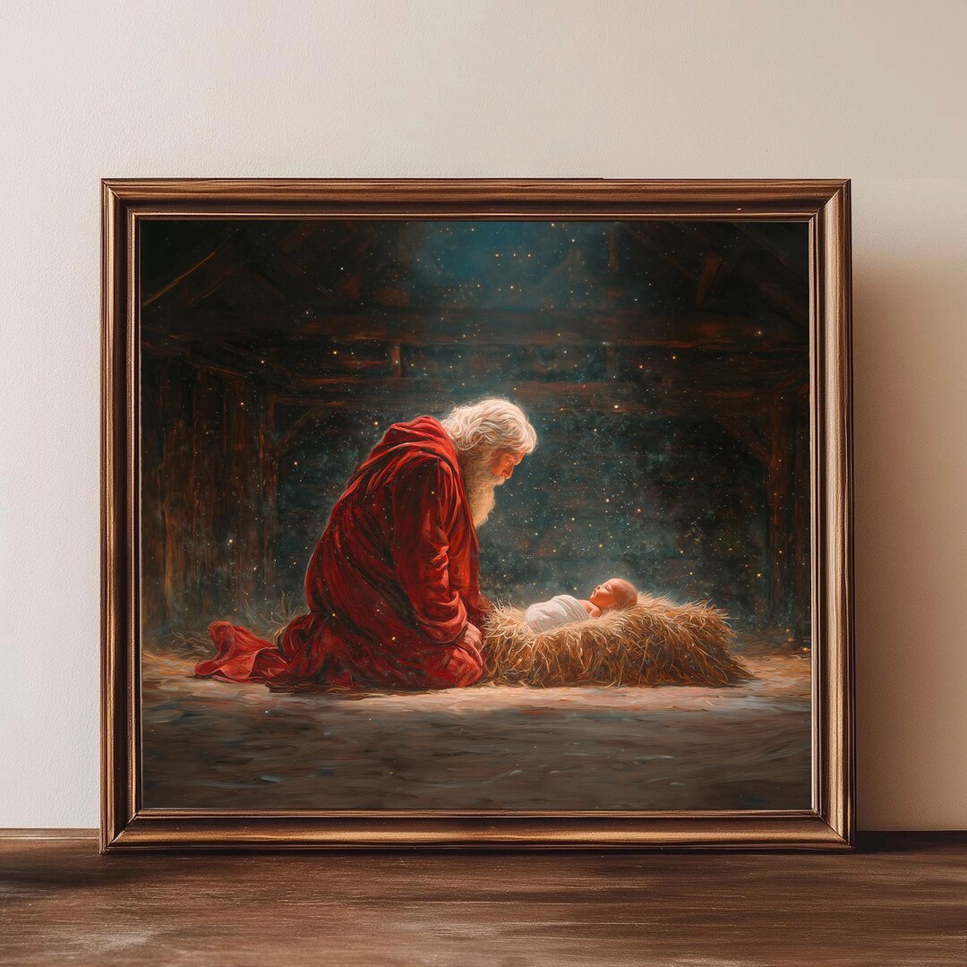 Santa Kneeling to Baby Jesus Printable Wall Art, Vintage Christmas ...