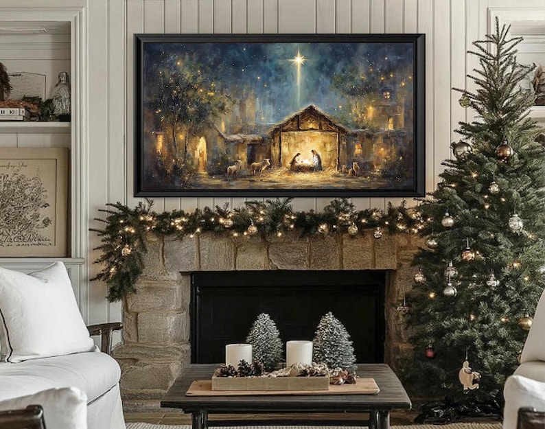 Nativity Scene Frame TV Art, Impressionist Holy Night Painting (digital ...