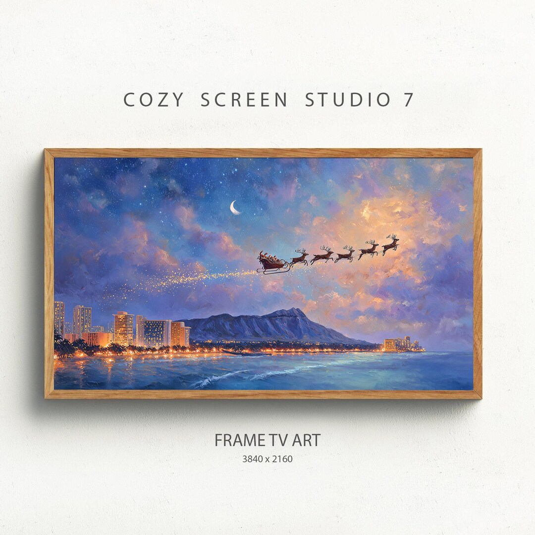 Santa and Reindeer Flying Over Hawaii Frame TV Art, Tropical Christmas ...