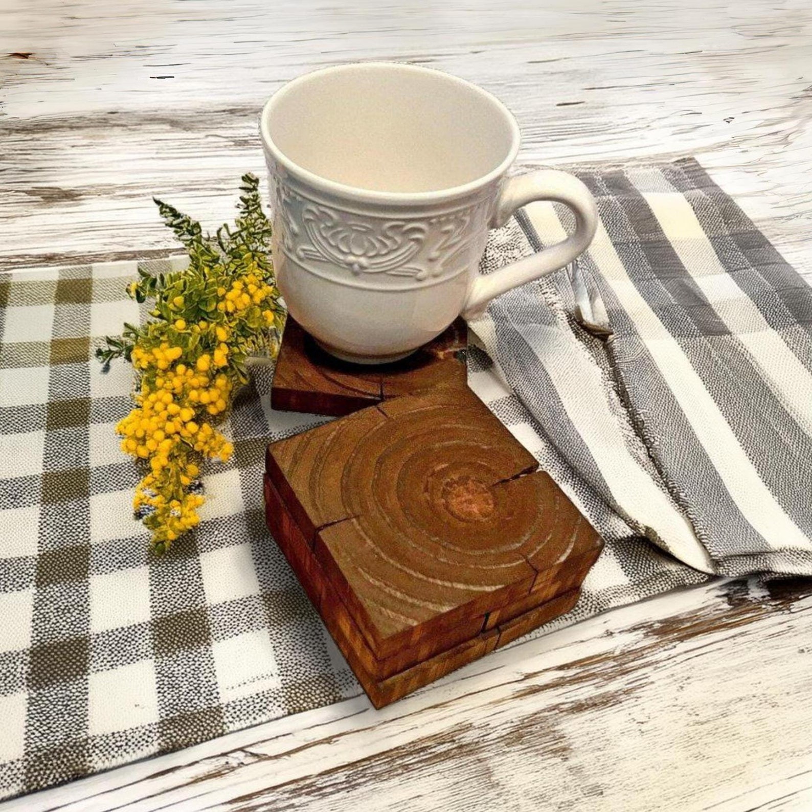 Reclaimed Wood Square Coasters Set of 4 Farmhouse, Unique Table Decor ...