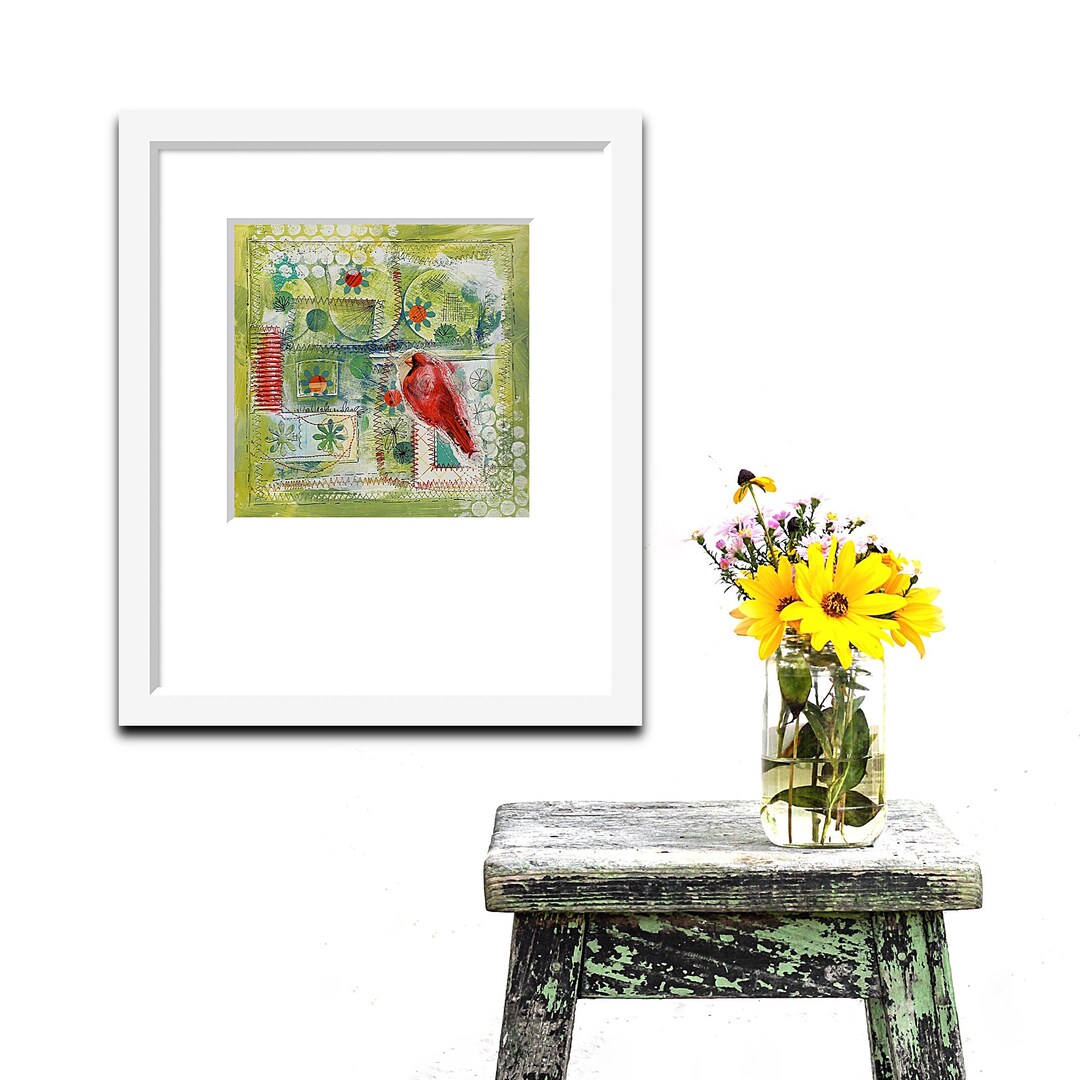 Original Collage Art: Botanical Green Painting, Stitched Paper Layers ...